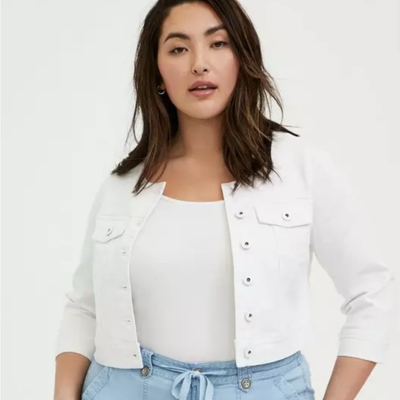 torrid | Jackets & Coats | Torrid White Denim Crop Collarless Jacket ...